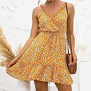 Casual Beach Dresses for Summer Ruffled Floral Women's Dress Dexy Mini Suspender Dress V-Neck Women's Dress (Orange, M)