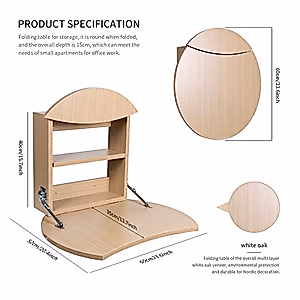 TRENDBOX Round Wall Mounted Desks Home Office Desks Folding Vanity Desk Small Desks for Small Spaces Desks for Makeup with Storage (Khaki)