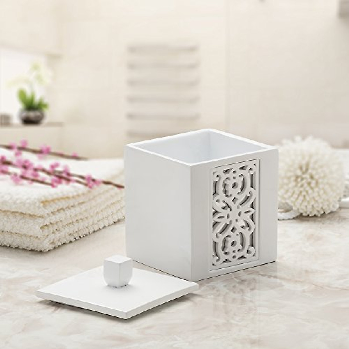 Creative Scents White Qtip Holder With Lid - Decorative Cotton Ball Jar - Durable Cotton Swab Container - Beautiful Bathroom Vanity Accessories - Elegant Bath Storage - (Mirror Janette Style)