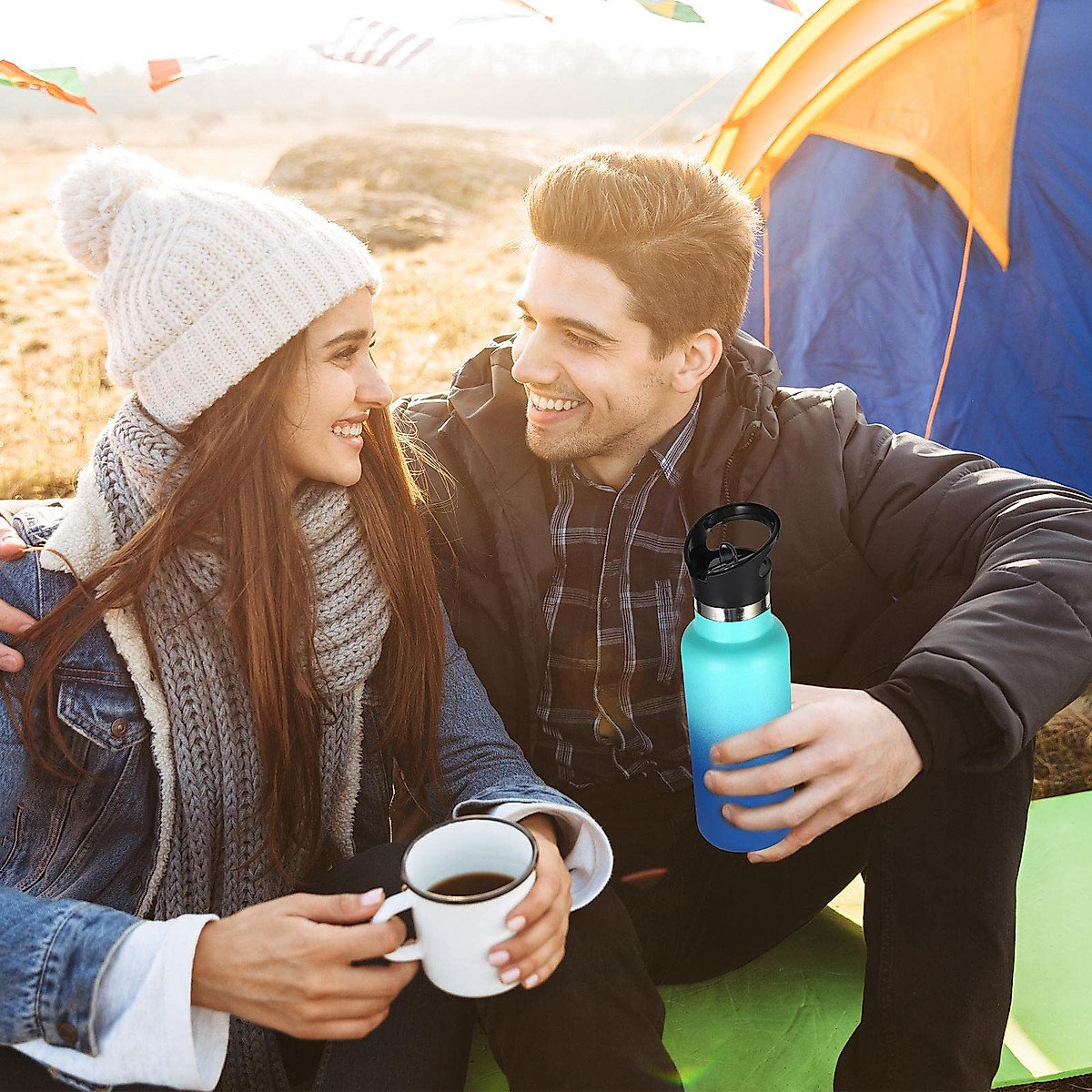 Volhoply 17oz Kids Insulated Water Bottle,Stainless Steel Water Bottles with Straw Lid,Reusable Metal Thermos Water Bottle,Double Wall Vacuum Sports School Water Flask Keep Cold(Green Blue,1 Set)