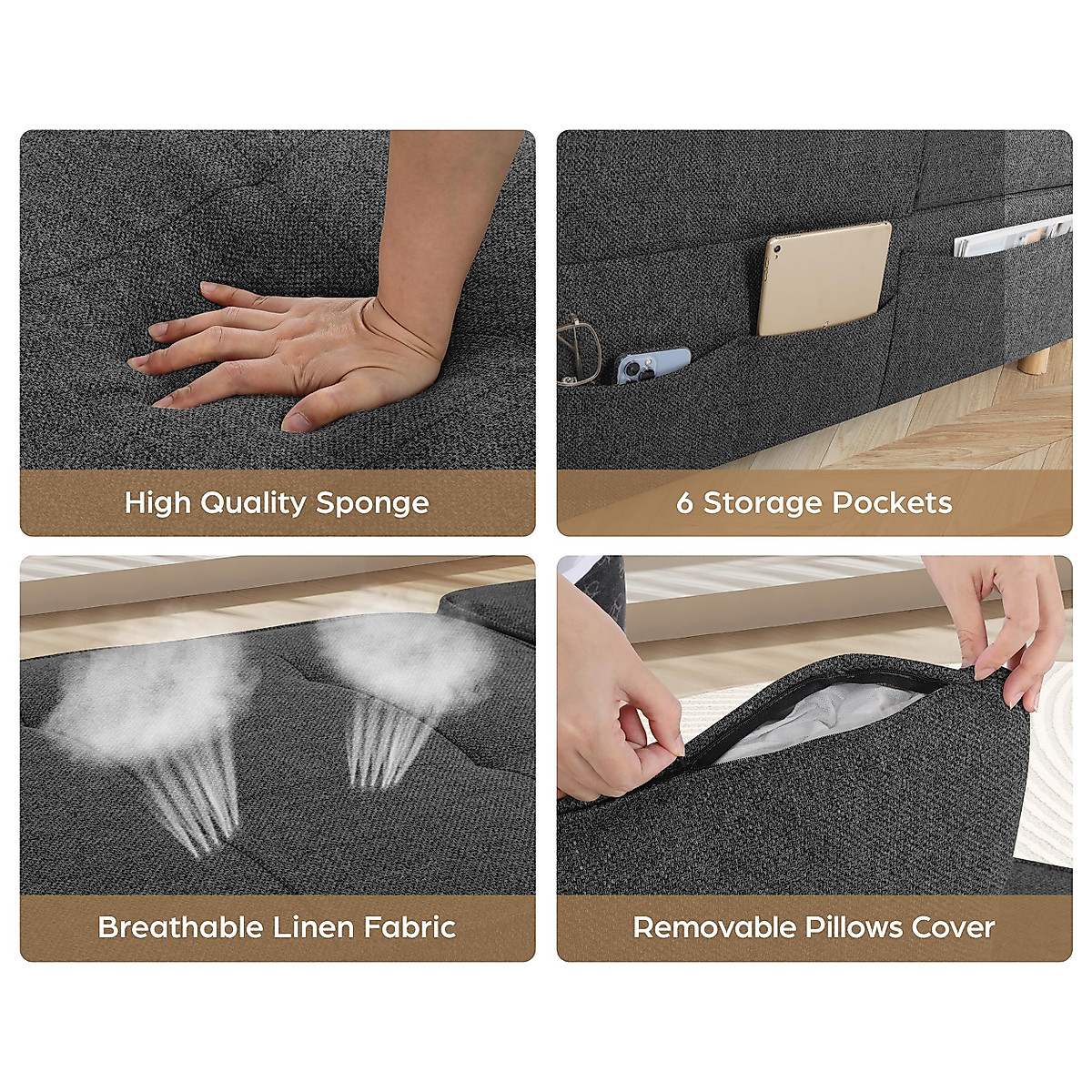 SEJOV Sleeper Sofa Chair Bed,4-in-1 Convertible Sofa Bed Chair with 6 Adjustable Backrest and Pillow, 3-Seat Pull Out Sleeper Bed Linen Fabric Modern for Bedroom Small Space Living Room Office, Black