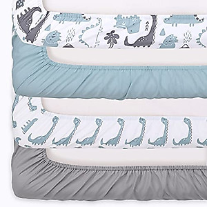 The Peanutshell Dinosaur Fitted Crib Sheet Set, 4 Pack, Blue & Grey