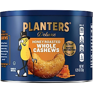 PLANTERS Deluxe Honey Roasted Whole Cashews, Sweet and Salty Snacks, 8.25oz (1 Canister)