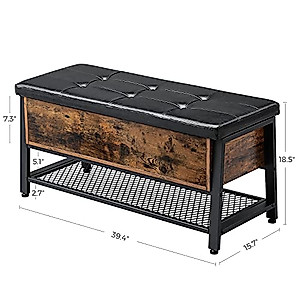 VASAGLE Industrial Storage Bench, Bed End Stool with Padded Seat and Metal Shelf, Sturdy Steel Frame, 39.4”L x 15.7”W x 18.5”H (100 x 40 x 47 cm), Rustic Brown + Black