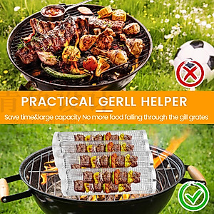 [2 PCS]BBQ Grill Basket - Rolling Grilling Baskets for Outdoor Grilling,Grill Baskets for Outdoor Grill Vegetables,Round Grill Basket,Barbecue Grill Vegetable Basket for Veggies,Fish,Jalapeno,Cylinder