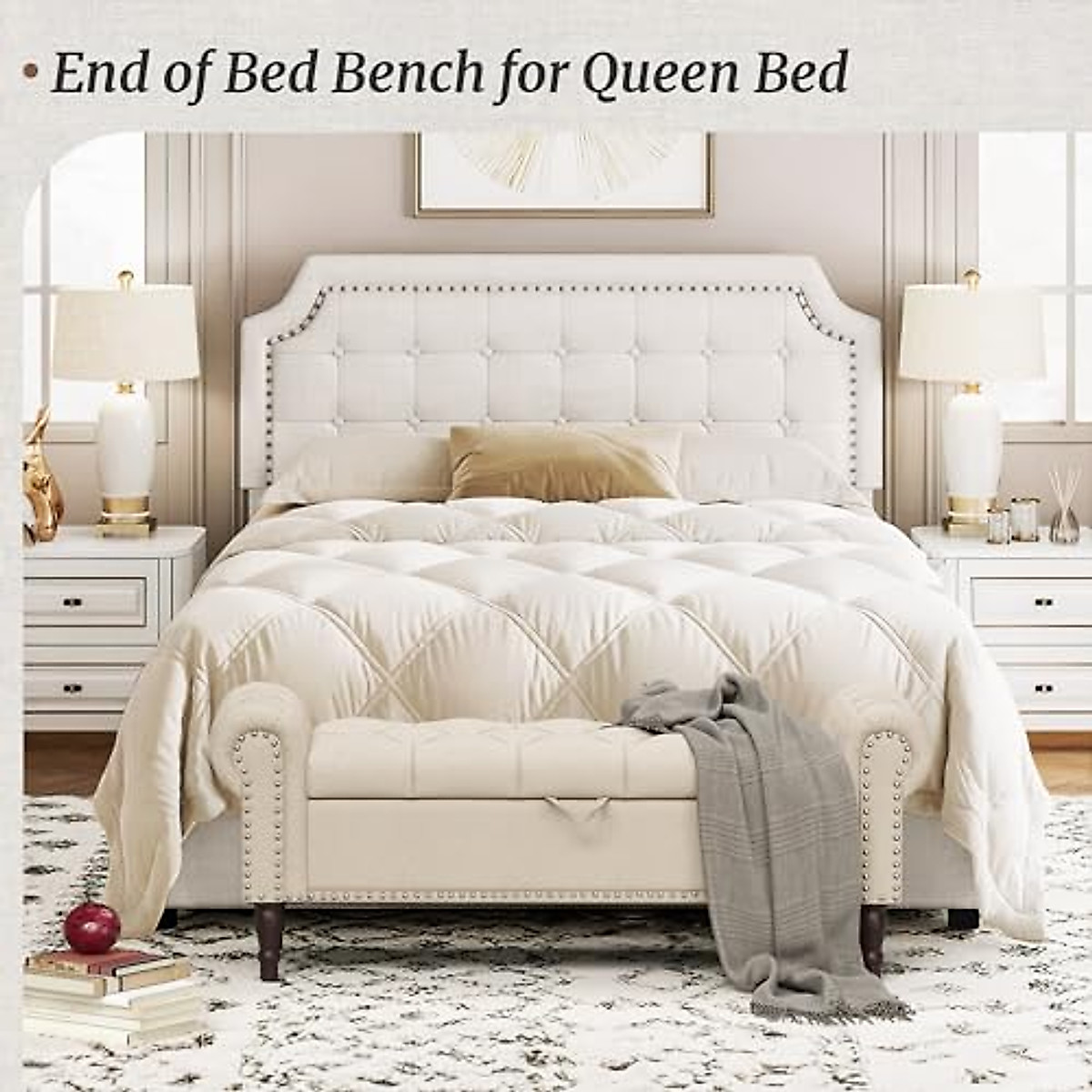 Cozyman Storage Bench, 50” Queen Linen Tufted Button End of Bed Bench with Rolled Arm and Nailhead Trim, Upholstered Bedroom Bench, Ottoman Bench for End of Bed, Living room, Entryway, Linen Color