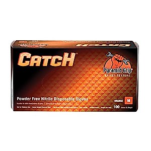 Adenna CAT455 Catch 9 mil Powder-Free Nitrile Gloves, Raised Grip, Orange, Medium, Box of 100