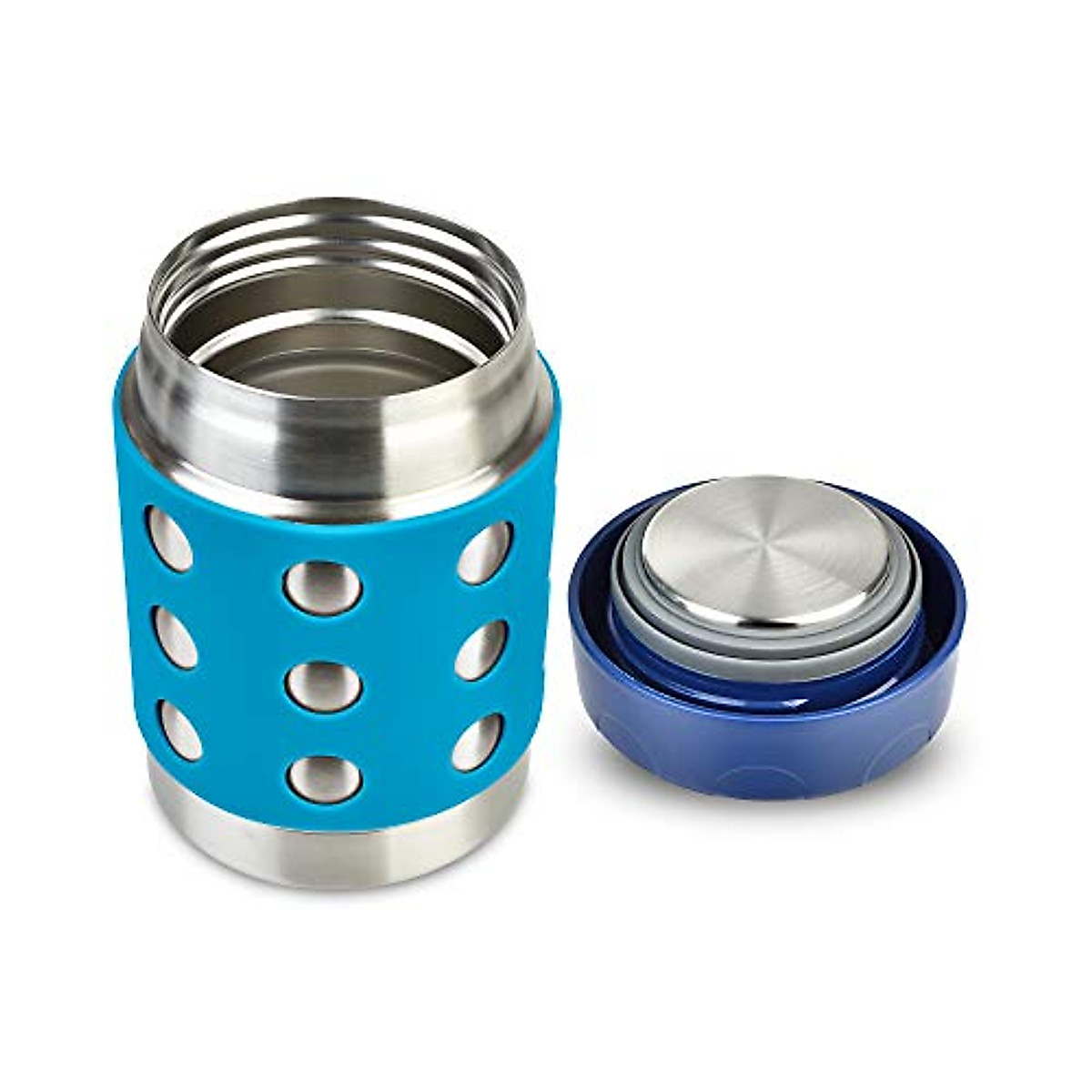 LunchBots Thermal 12 oz Triple Insulated Thermos - Hot 6 Hours or Cold 12 Hours - Leak Proof Thermos Soup Jar - All Stainless Interior - Navy Lid - Aqua Dots
