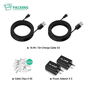 OLAIKE 2 Pack 16ft/5m Power Cable with Adapter Compatible with Blink Outdoor/Indoor 3rd/XT2/XT Camera, Weatherproof Micro USB Power Cord, Blink Camera Accessories, Black (Camera Exclude)