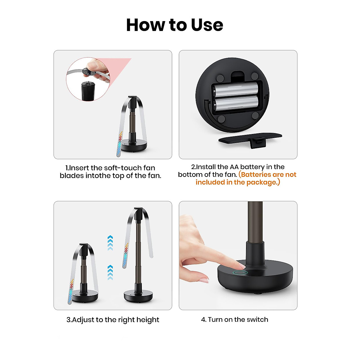 TOPK 4 Pack Fly Fans for Tables, AA Battery Powered Portable Scalable Indoor Outside Food Fly Fan for Picnic, Party, Restaurant, Kitchen and BBQ