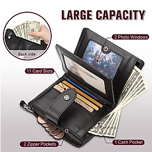 TEUEN Large Capacity RFID Blocking Genuine Leather Wallet for Men 11 Card Slots 2 ID Windows Snap Button Bifold Wallets