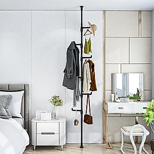 DYN Ptah Adjustable Coat Rack 65" to 116" with 6 Hooks, Freestanding Tension Rod Coat Hanger Floor to Ceiling, Heavy Duty Clothes Rack for Entryway, Living Room, Bedroom, Hanging Clothes, Hats, Bags
