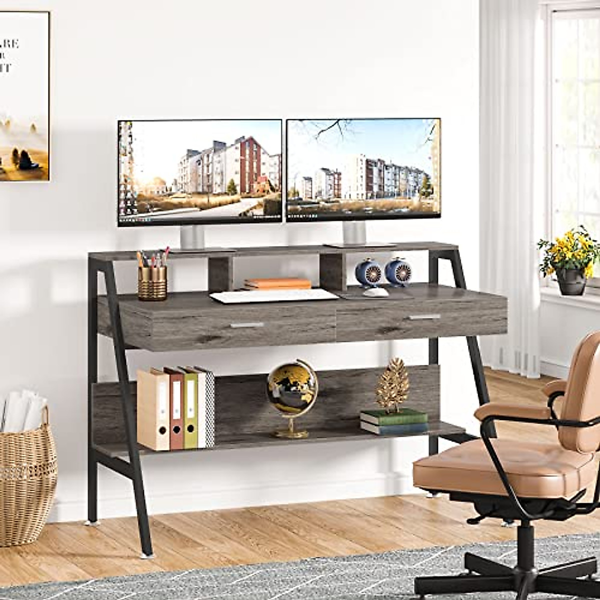 Tribesigns Computer Desk with Storage Shelf & Drawers, Modern 47 inch Office Writing Desk Study Table with Monitor Stand Riser for Home Office Use (Grey)
