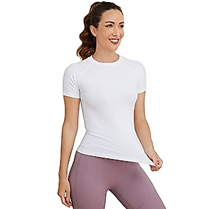 MathCat Workout Shirts for Women, Workout Tops for Women Short Sleeve, Seamless Yoga Shirts, Breathable Athletic Gym Tops Slim Fit(White,S)