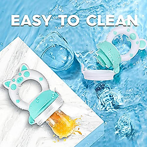 Baby Fruit Food Feeder Pacifier - Fresh Teething Pacifiers, Infant Fruit Teething Teether Toy for 3-24 Months, 6 Pcs Silicone Pouches for Toddlers & Kids & Babies, Piggy Handle 2-Pack (Pink)