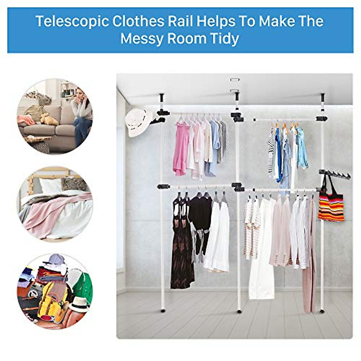 Adjustable Clothing Rack, 2 Tier Double Rod Clothes Rack Freestanding Garment Rack Telescopic Closet Hanger for Hanging Clothes, Floor to Ceiling Rod for Home Bedroom Retail Clothes Organizer