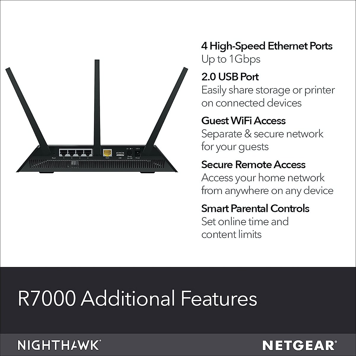 NETGEAR Nighthawk Smart Wi-Fi Router (R7000-100NAS) - AC1900 Wireless Speed (Up to 1900 Mbps) | Up to 1800 Sq Ft Coverage & 30 Devices | 4 x 1G Ethernet and 2 USB Ports | Armor Security