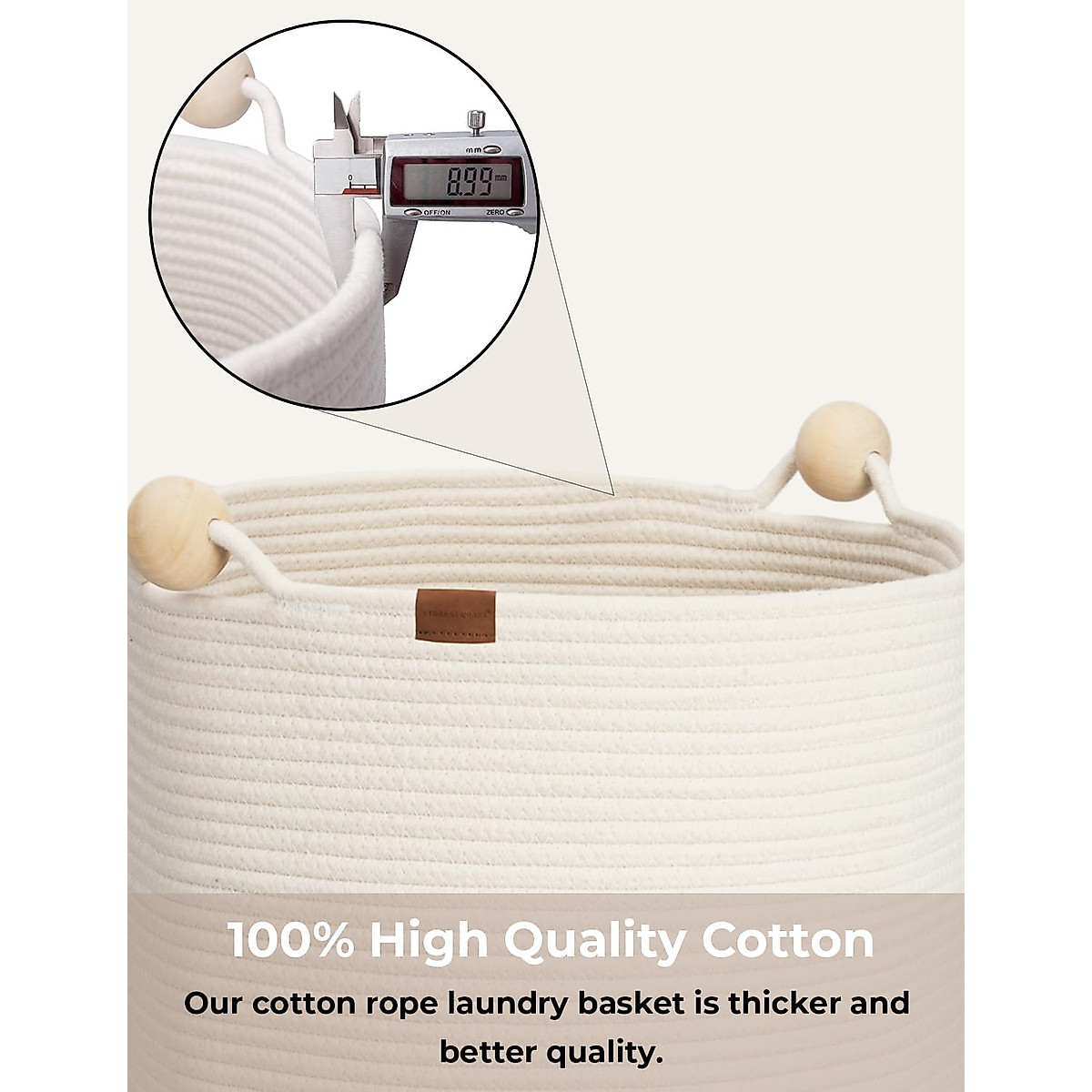 StorageWorks 58L Cotton Rope Laundry Basket with Wooden Beads Handles, Woven Basket for Storage, Dirty Clothes, Kids Toys, Towels, White & Light Brown