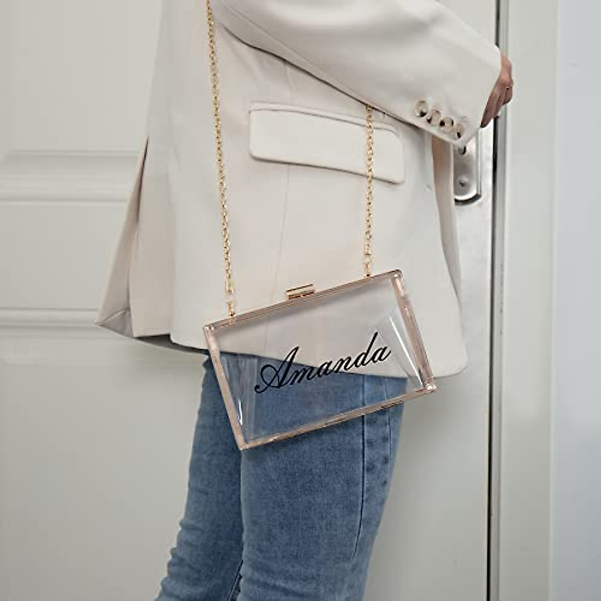 Personalized Acrylic Bag, Women Clutch Purse, Shoulder Handbag, Gifts for Birthday Party, Wedding and Anniversary (Transparent), Gold