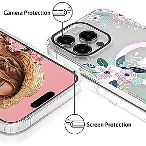 YeLoveHaw Designed for iPhone 14 Pro Max Magnetic Case for Women Girls, Rose Floral & Green Leaves Pattern [Compatible with MagSafe] Slim Hard Protective Clear Cover for iPhone 14ProMax (Pink Flower)