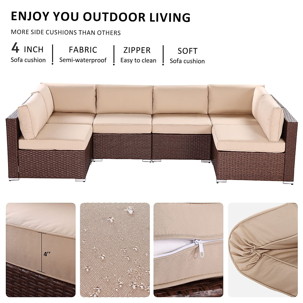 SUNVIVI OUTDOOR 6 Piece Patio Furniture, All-Weather Brown Wicker Outdoor Sectional Couch with Washable Removable Beige Cushions