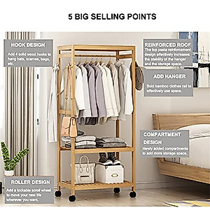 YXDFG Bamboo Garment Coat Clothes Hanging Heavy Duty Rack,Portable Rolling Garment Rack with Wheels, with Top Shelf and Shoe Clothing Storage Organizer Shelves,Dark,59×35×165cm
