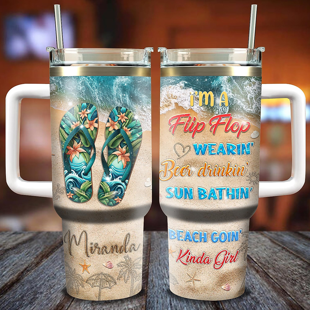 WAZONE Personalized Flip Flop Beach 40oz Tumbler with Handle and Straw Lid Stainless Steel Tumblers Summer Gifts Ideas For Sunbathing Sea Turtle Starfish Lovers Ocean Themed Insulated Cup