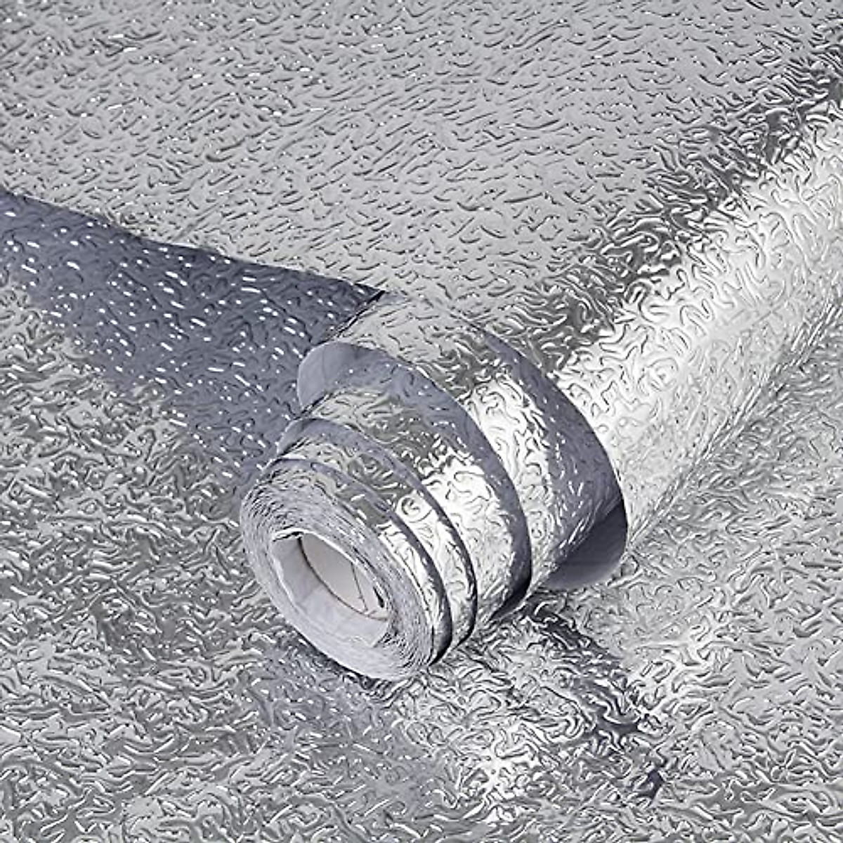 Kitchen Backsplash Stickers, 196.85x15.75 Inch Kitchen Wallpaper Stickers Self Adhesive Kitchen Aluminum Foil Stickers Oil Proof Waterproof (Silver Orange Peel Texture)