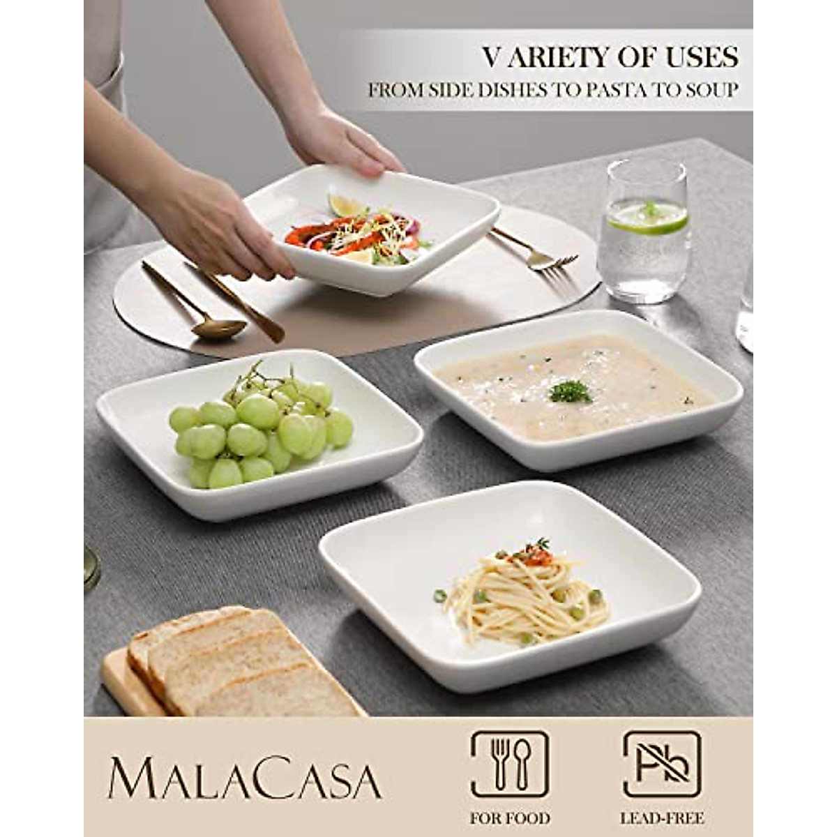 MALACASA Pasta Bowls 32 oz, Ceramic Pasta Bowl Large Salad Bowls Set of 4, Durable Porcelain 8 Inch Square Serving Dishes, Microwave, Oven, Dishwasher Safe, Series IVY