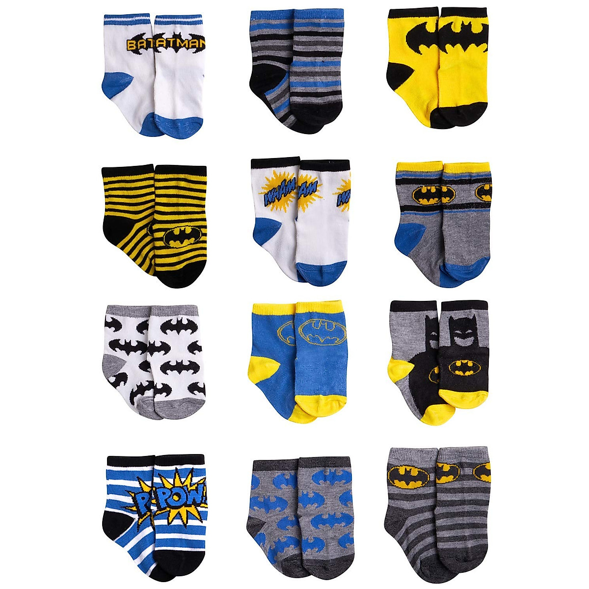 DC Comics Baby Boys/Girls 12 Pack Socks: Batman, Wonder Woman, Superman, Justice League, Super Girl, Size Age 6-12M, Blue/Yellow/Black Batman