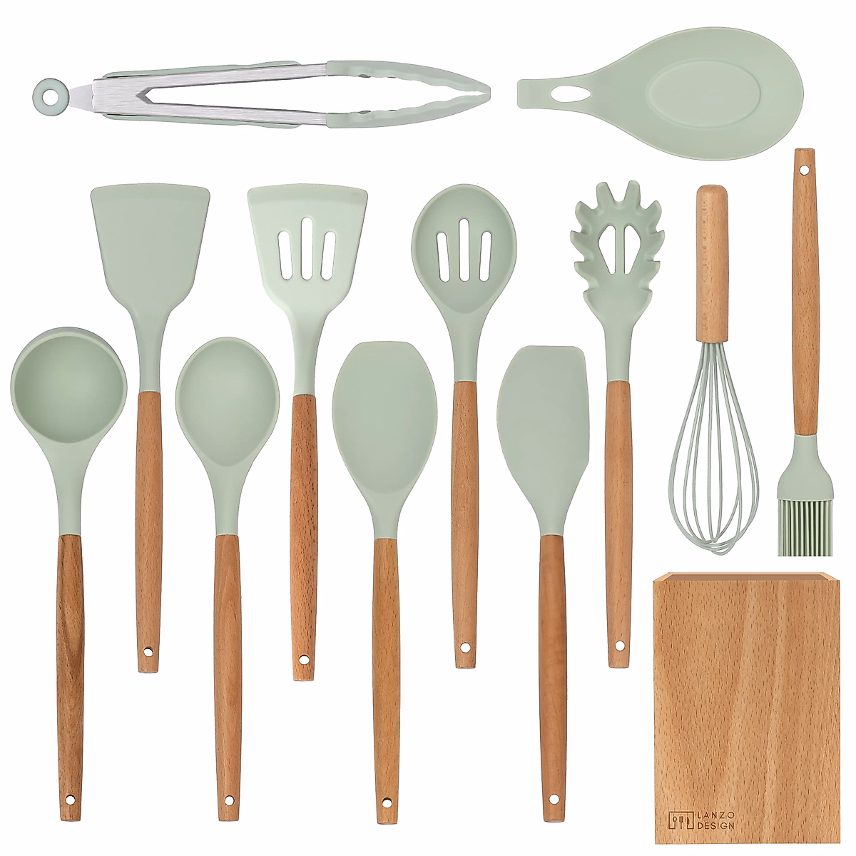 Lanzo Design Kitchen Utensil Set, 13 pcs Non-Stick Silicone Cooking Utensils Spatula Set with Wooden Holder (Mint)