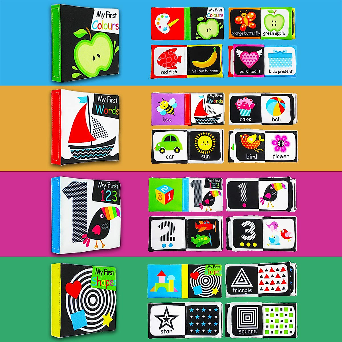 Baby First Soft Activity Cloth Book Set, High Contrast Black and White Interactive Crinkle Soft Book Bundle for Infant, Baby Early Education for Brain Development with Numbers, Words, Shapes, Colors