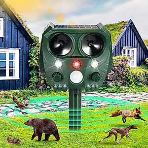 Jahy2Tech Solar Ultrasonic Animal Repellent Outdoor Cat Deterrent Deer Repellent with PIR Motion Sensor & Led Strobe Light Waterproof Solar Animal Repeller,Squirrel Repellent Raccoon Rabbit Repellent