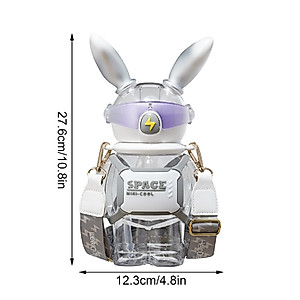 Creative Water Bottle Cup with Straw and Strap, Cute Water Bottles Large Capacity Leak-Proof Bottles (Gray)