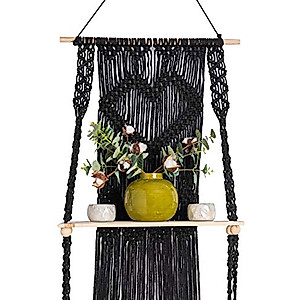 KALTEK Black Macrame Shelf | Boho Style with Two Tier Wood Shelves | Beautiful Handmade Macrame Shelf for Hanging Plants and Decor | Boho Wall Decor with Macrame Rope and Shelf