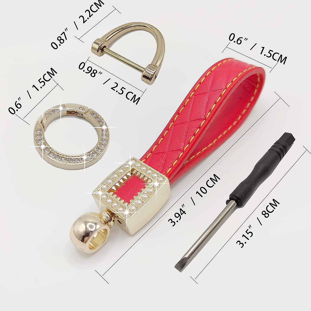 Daemson Microfiber Leather Car Keychain, Bling Diamond Keychains for Women, Universal Car Key Fob Holder with 360 Degree Rotatable, Anti-Lost D-Ring, 2 Keyrings and 1 Screwdriver (Red)