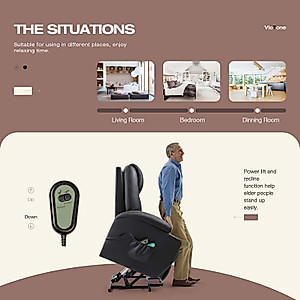 VICTONE Electric Power Lift Recliner Chair for Elderly Reclining Sofa for Living Room with Massage and Heat, Side Pockets and Cup Holders (Leather, Black)