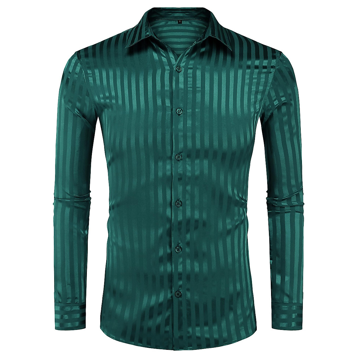 URRU Men's Striped Dress Shirts Green Satin Shirt Casual Luxury Long Sleeve Button Down Wedding Shirt Party Prom Shirt Dark Green XL