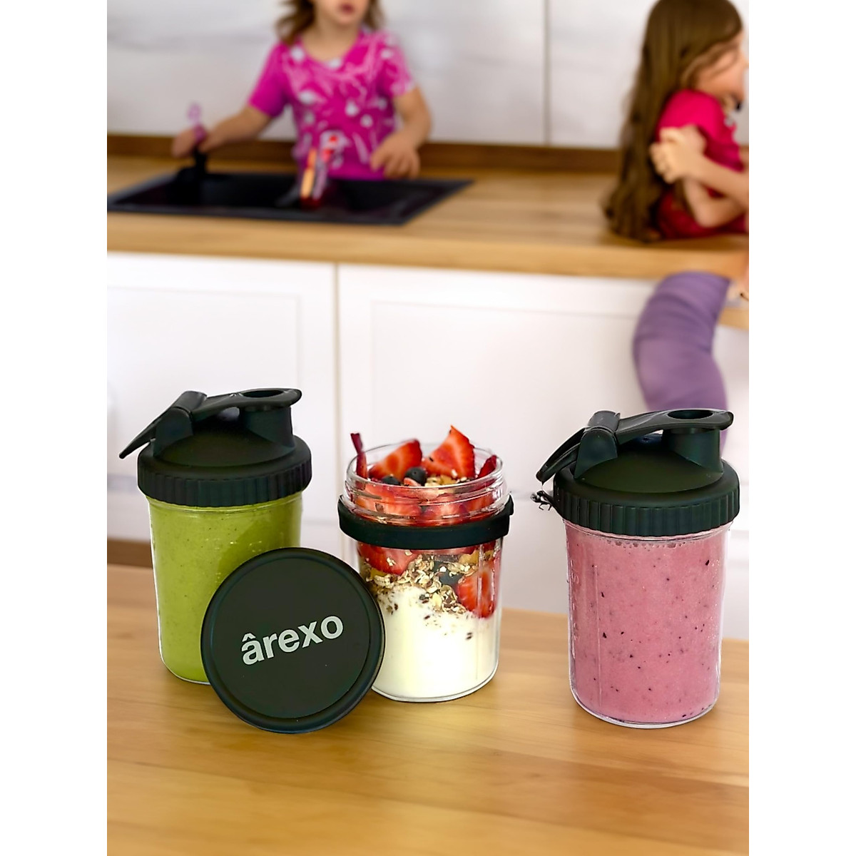 arexo Overnight Oats Containers with Lids – Practical Oatmeal Oat Jars – 3pcs Overnight Oatmeal Jars with Regular Lid and Blender-Style Lid – Thick Glass Overnight Oat Container – Lightweight and Comp