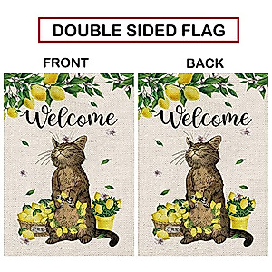 Summer Garden Flag Lemon Tree Cat Double Sided Vertical Welcome Flag Summer Home Yard Outdoor Decoration 12.5×18 Inch