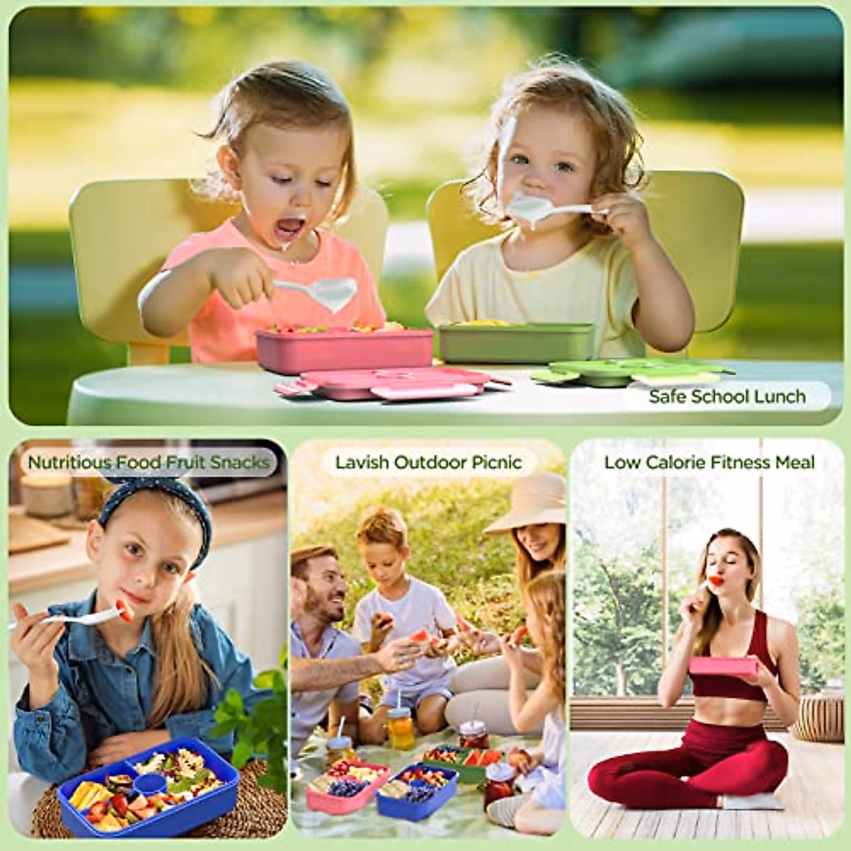 DaCool Kids' Bento Box Toddler Lunch Box for Kids 7.5 Cup 4-Compartment Leakproof with Fork Spoon School Lunch Containers for Meal Snack, Microwave & Dishwasher Safe, BPA Free, Green