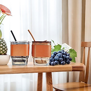 YULUDZSW Thick Wall Insulated Glass Cups With Lids Leather Case And Straws, Coffee Cup, Iced Tea Cup, For Beer, Cocktail, Coffee,Milk, Fruit And Vegetable Drinks, Etc.(Amber/16 oz)