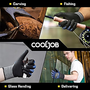 COOLJOB ANSI A9 Cut Resistant Gloves - 1/3 Pairs, Touchscreen Highest Knife Proof Level with Microfoam Nitrile Coated, Safety Work Gloves for Wood Carving, Glass Work, Construction, Blue XXL