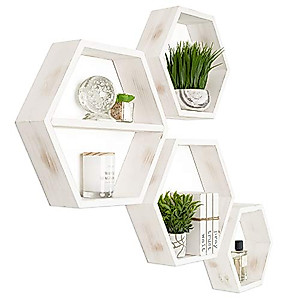 Extra Large Hexagon Floating Shelves Set of 4 - Honeycomb Shelves - Octagon Shelves Rustic White - Wall Shelves Honeycomb Decor - Wooden Honey Comb Hexagon Shelf for Wall - Geometric Hexagonal Shelves