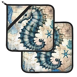 Pot Holders Set of 2, Ocean World Sea Animals Seahorse Heat Resistant Kitchen Non Slip Printed Cooking Barbecue Baking Microwave