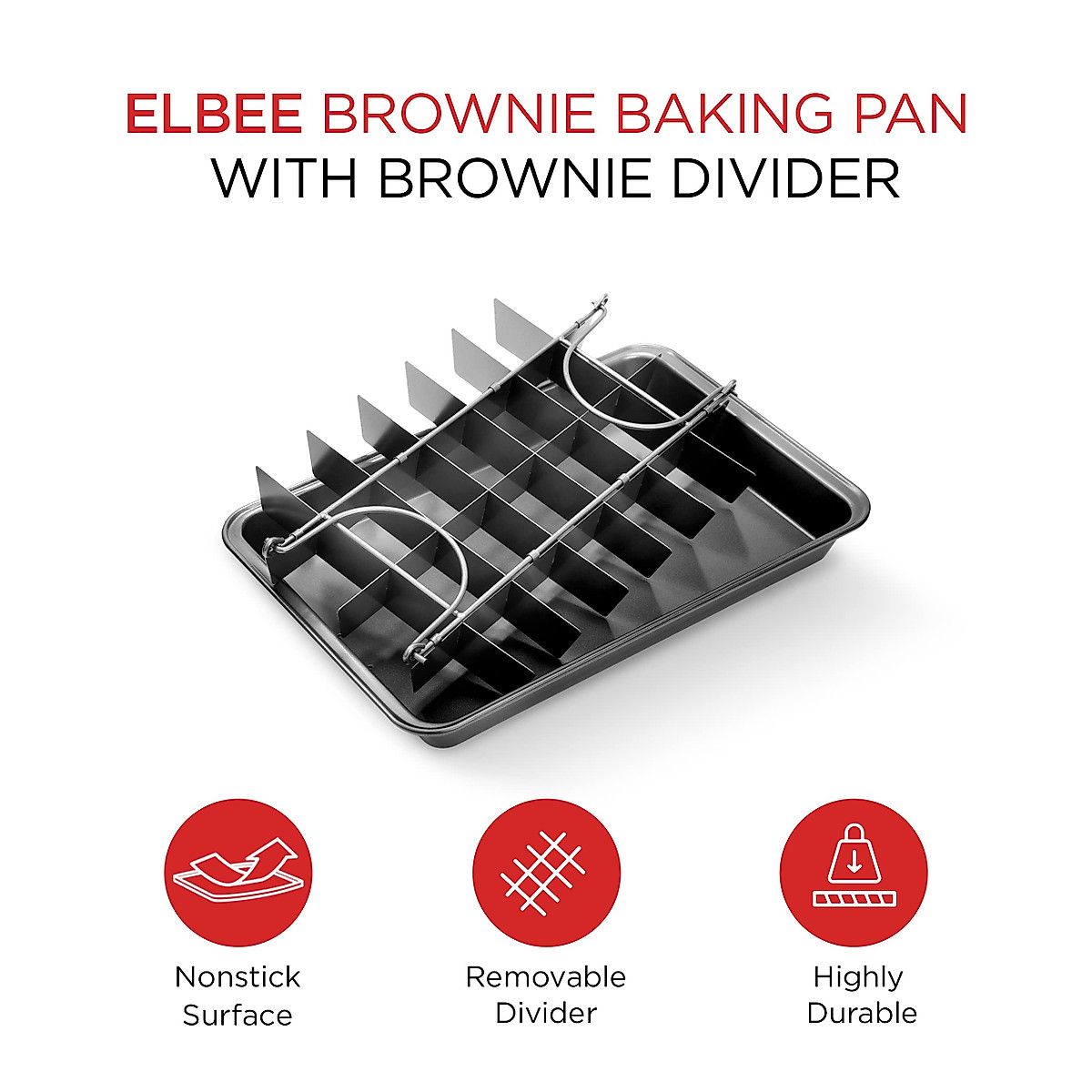 Elbee Home Professional Brownie Baking Pan, Includes Browny Divider for Perfectly Cut Brownies Every Time, Durable Carbon Steel, 13 Inch, Non Stick, Easy Clean