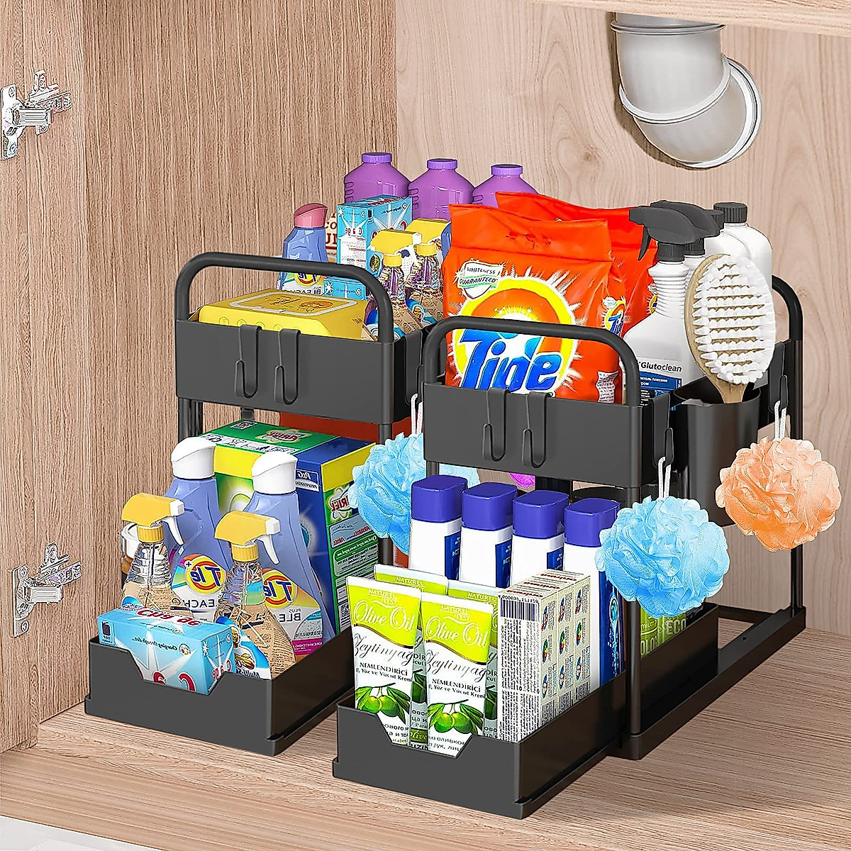 2 Tier Under Sink Organizers and Storage, 2 Pack Sliding Under Bathroom Cabinet Storage Drawer Organizer with Storage Drawer with 8 Hooks and 2 Hanging Cups, Multi-purpose Under Sink Organizer, Black