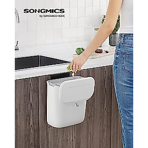 SONGMICS Hanging Trash Can, 2.4-Gallon Kitchen Trash Can with Lid for Food Waste, Wall Mounted Trash Can, Hanging or Sticking on Cupboard Door, for Kitchen Cabinet, Under Sink, White ULTB820W9