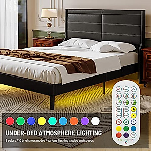Origeture Queen Size Bed Frame with RGBW LED Lights Leather Headboard, Heavy-Duty Leather Upholstered Platform Bed with Thicker Wooden Slats Support, Noise-Free, Easy Assembly, Black