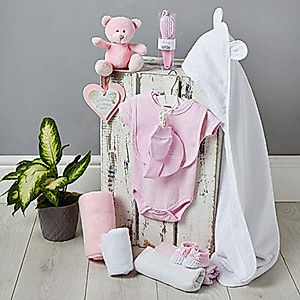 Baby Girl Pink Gift Hamper - with Fleece Wrap, Hooded Towel, Baby Clothes, 2 Muslin Cloths and Cute Teddy Bear